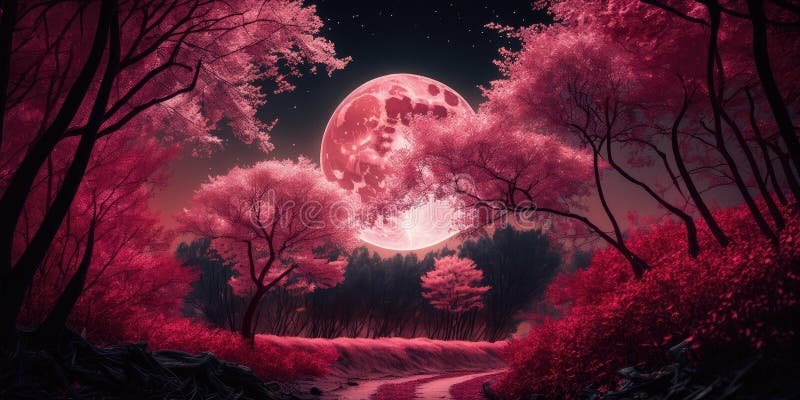 Fantasy Pink Forest with Tall Trees in Full Moon Night Stock ...