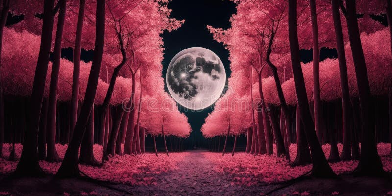 Fantasy Pink Forest with Tall Trees in Full Moon Night Stock ...