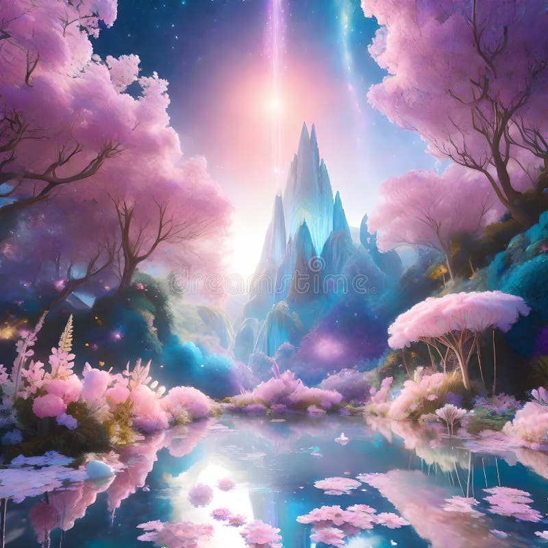 Fantasy Pink Leaves Botany Magical Landscape Night Sky Stock ...