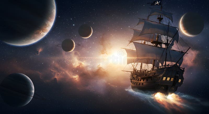 Fantasy Pirate Ship with Rocket Engines Sailing through Outer Space ...
