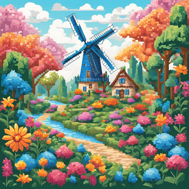 Fantasy Pixel Art Wind Mill in Flower Garden Stock Illustration ...