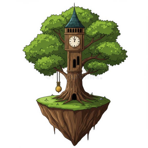 Fantasy Pixel Art of a Clock Tower Tree on a Floating Island on White ...