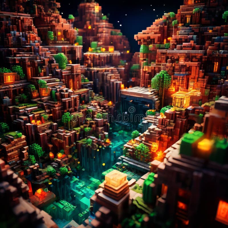 Fantasy Pixel World Landscape with Glowing Elements Stock Photo - Image ...