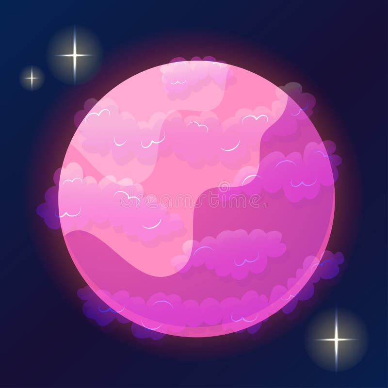Fantasy Planet Cartoon with Cloud. Pink Magic Round Planet with Cloud ...