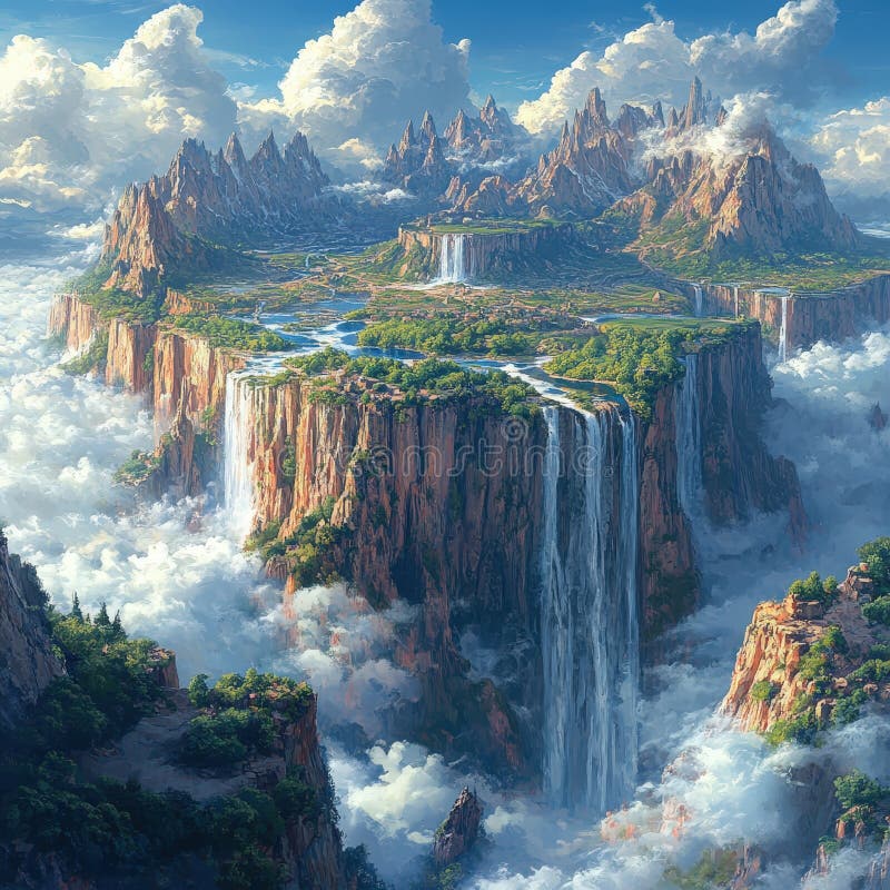 Fantasy Plateau with Grand Waterfalls and Sky Backdrop Stock Image ...