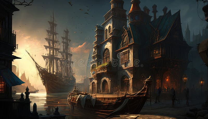 Fantasy Port City Illustration by Generative AI Stock Illustration ...