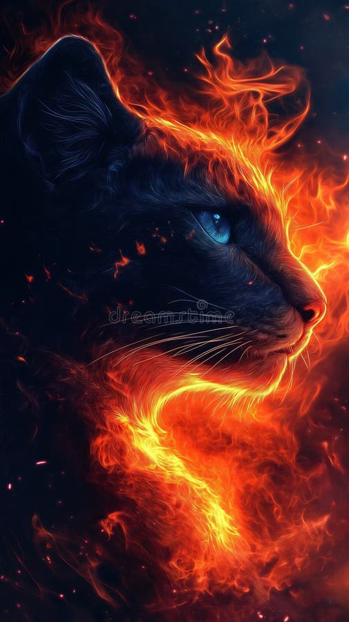 Fantasy Portrait of a Cat in the Flames of a Fire Stock Illustration ...