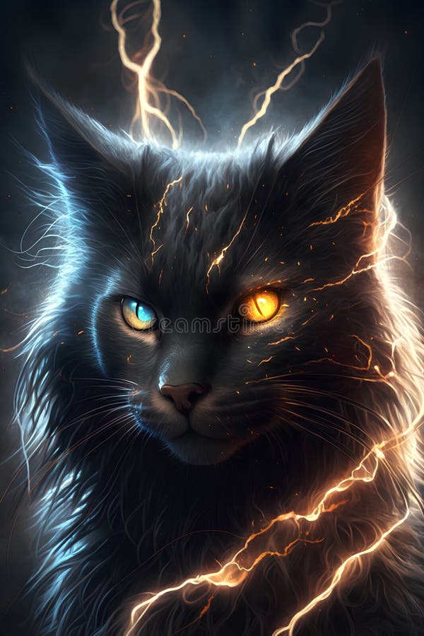 Fantasy Portrait of a Cat with Lightning in the Dark. 3D Rendering ...
