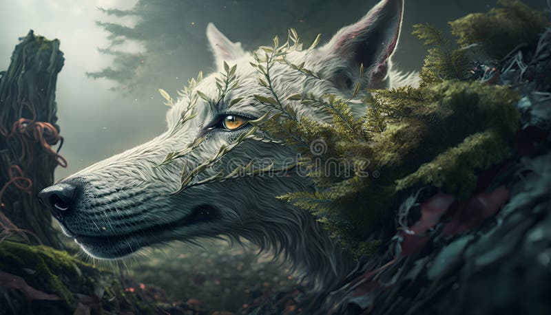 Fantasy Portrait of a Wolf in the Forest. 3D Rendering Stock ...