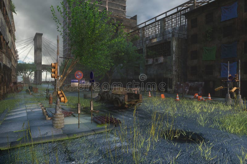 Fantasy Post Apocalyptic Future Ruined City Landscape. 3D Illustration ...