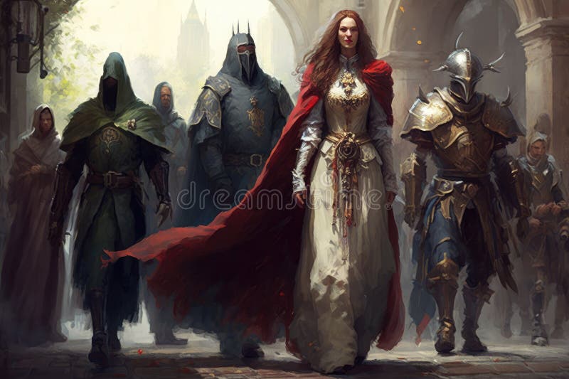 Fantasy Procession of Medieval Characters and Walking Knight Stock ...