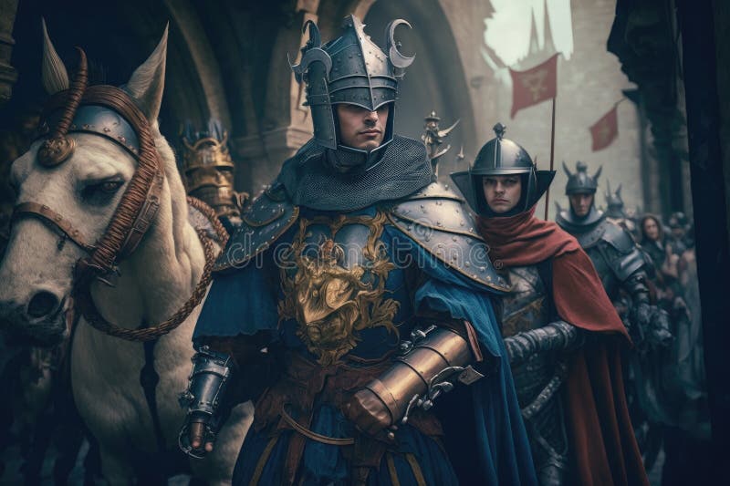 Fantasy Procession of Medieval Characters and Walking Knight Stock ...