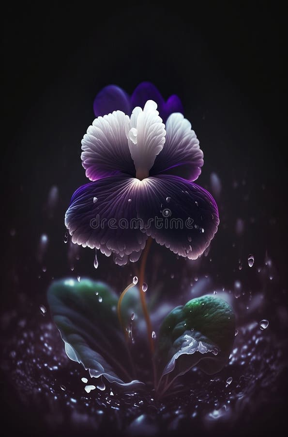 Fantasy Purple Violet Flower with Dew Close Up on Black Background ...