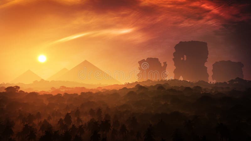 Fantasy Pyramids Landscape stock illustration. Illustration of highly ...