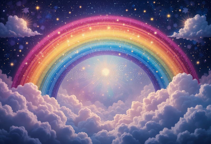 Fantasy Rainbow Background with Clouds and Stars. Stock Image - Image ...