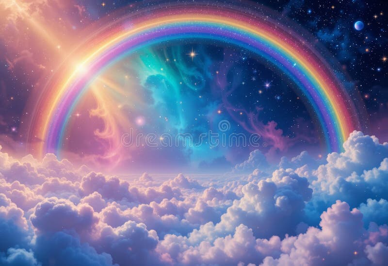Fantasy Rainbow Background with Clouds and Stars. Magical Landscape ...