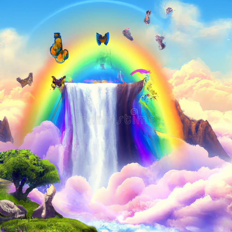 Fantasy Rainbow Over a Waterfall AI Stock Illustration - Illustration ...