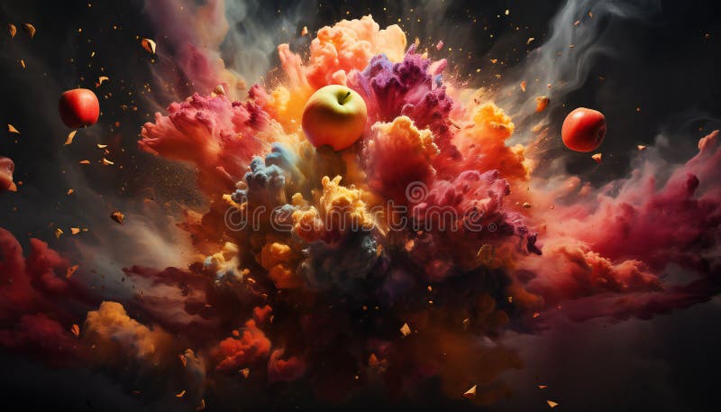 Fantasy Recreation of Explosion of Apples between Smoke Colours Stock ...