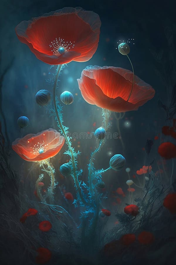 Fantasy red flowers in fog stock illustration. Illustration of field ...