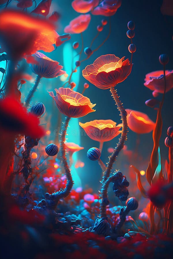 Fantasy red flowers in fog stock illustration. Illustration of blue ...