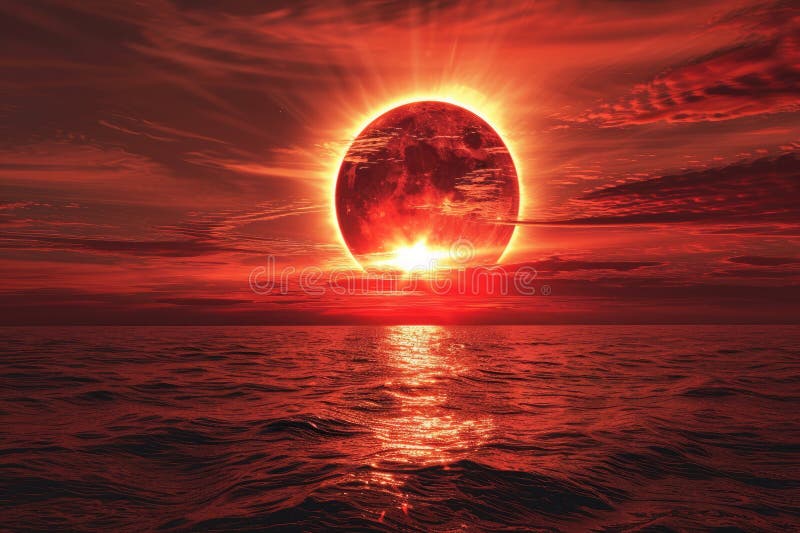 Fantasy Red Solar Eclipse Over the Sea Stock Photo - Image of moonlight ...