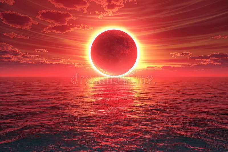 Fantasy Red Solar Eclipse Over the Sea Stock Illustration ...