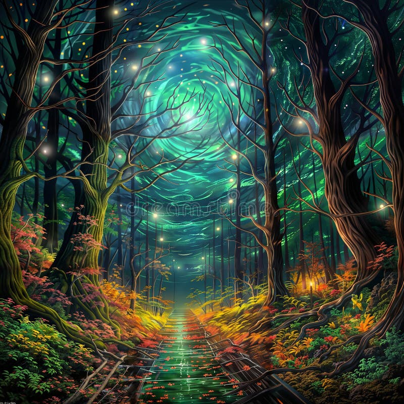 Fantasy Night Forest with Path and Stars. Vector Illustration ...