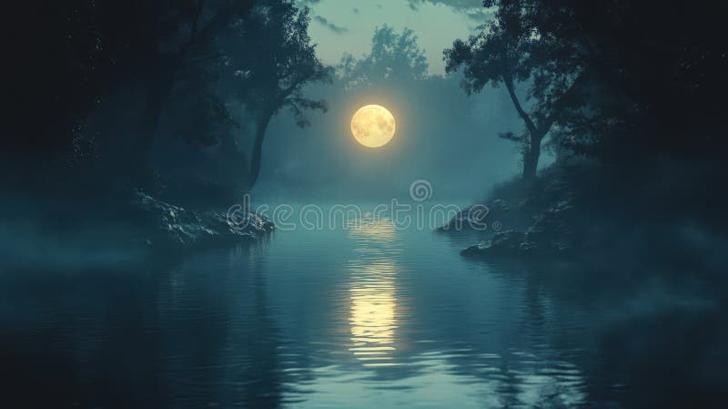 Fantasy River Reflecting the Moonlight in a Surreal Setting Stock ...