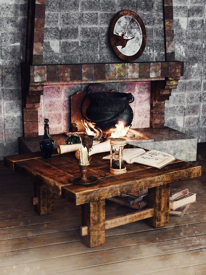 Fantasy Room with a Wooden Table with Books and Scrolls Stock ...