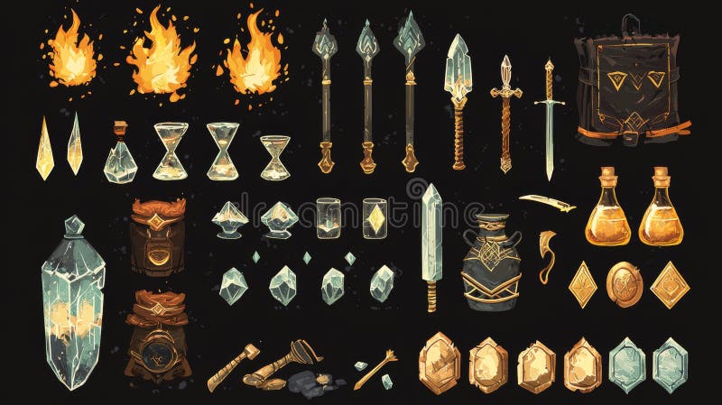Fantasy RPG Game Assets Including Sprites, Weapons, Shields, Gems, and ...