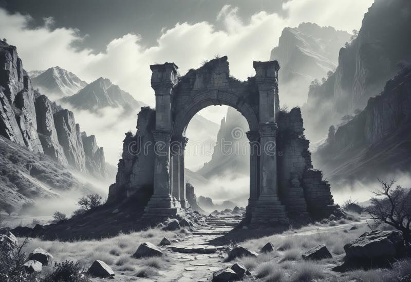 Fantasy Ruin. Fantasy Gateway Ruin in a Mountain and Landscape with Fog ...