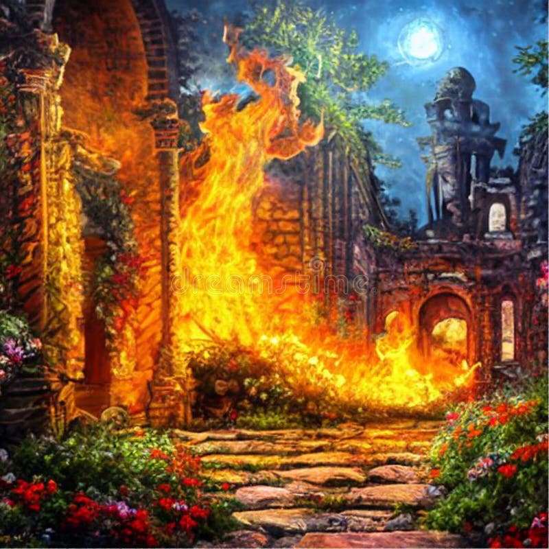 Fantasy Ruined Ancient Building in Fire AI Stock Image - Image of ...