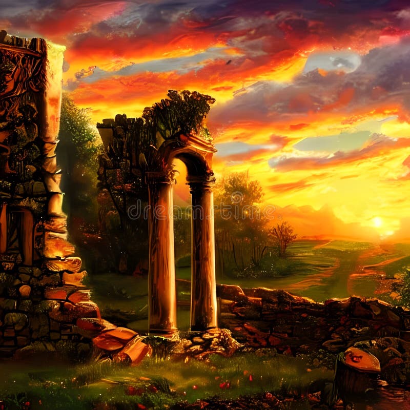 Fantasy Ruined Ancient City at Night AI Stock Illustration ...