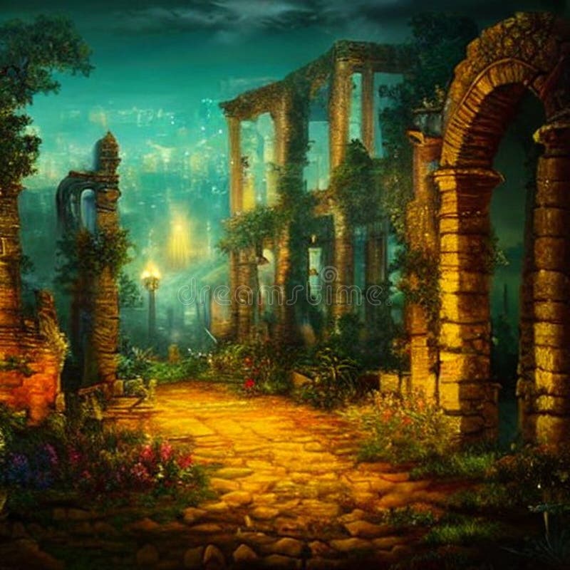 Fantasy Ruined Ancient City at a Sunset AI Stock Illustration ...