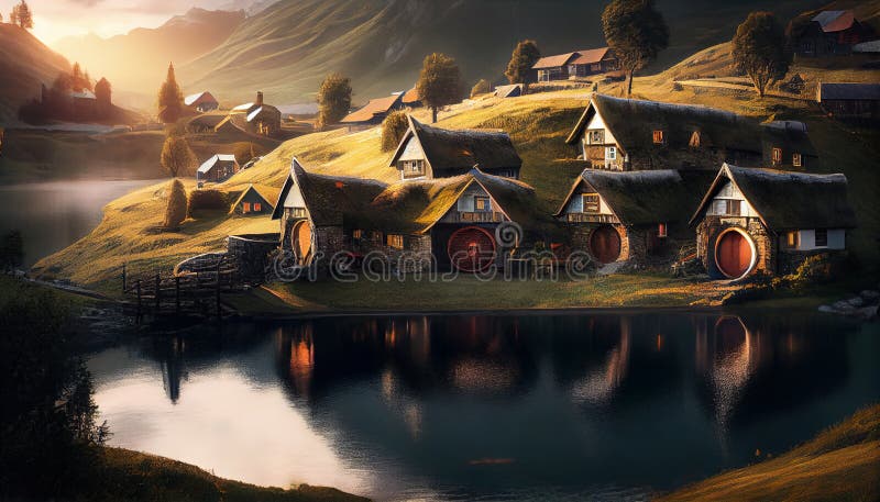 Fantasy Rural Scene with Country Cottages Stock Illustration ...