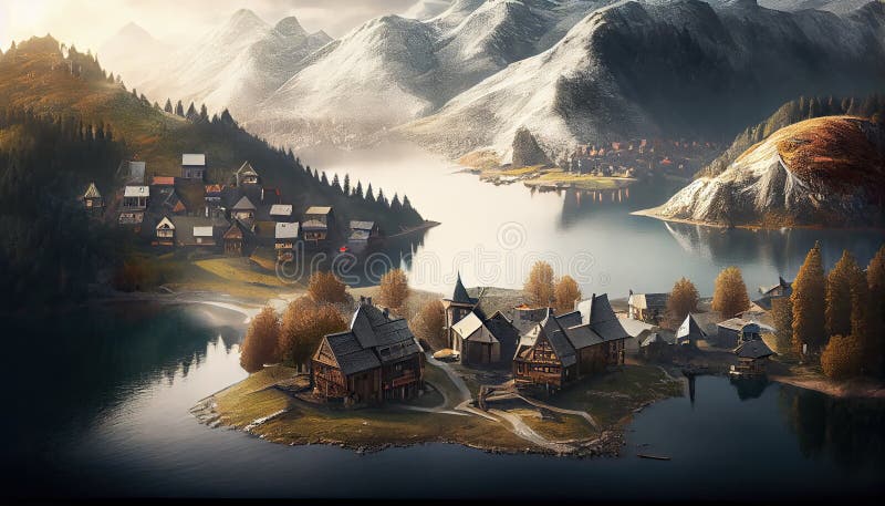 Fantasy Rural Scene with Country Cottages Stock Illustration ...