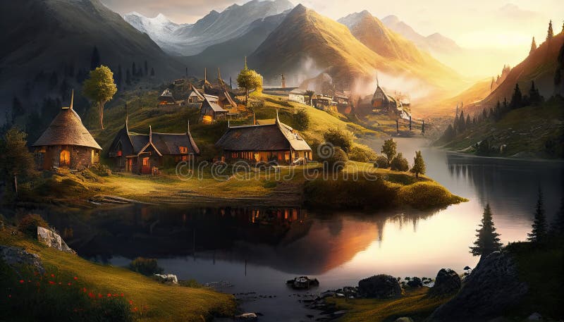Fantasy Rural Scene with Country Cottages Stock Illustration ...