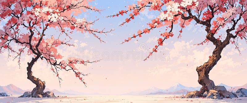 Fantasy Sakura Cherry Blossom Japanese Landscape Background. Stock ...