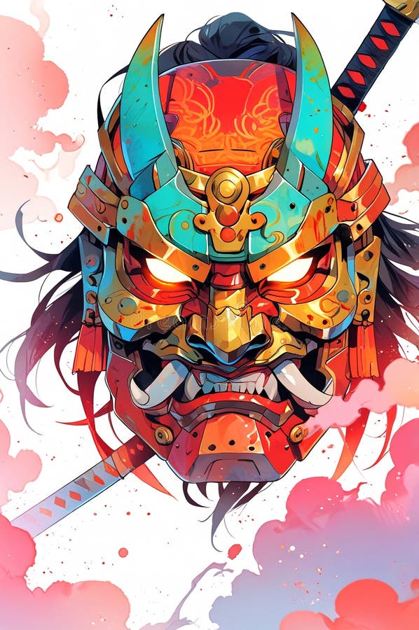 Fantasy Samurai Mask with Red Cloud Stock Illustration - Illustration ...