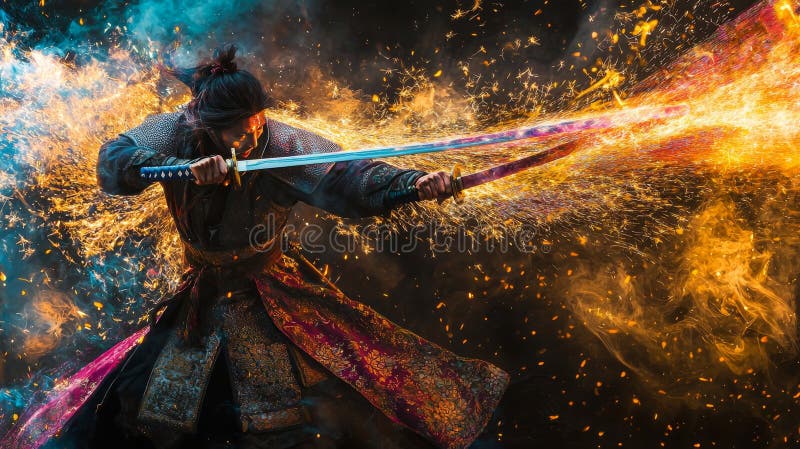 Samurai Warrior Wielding a Katana Sword with Fire Sparks Fantasy Art ...