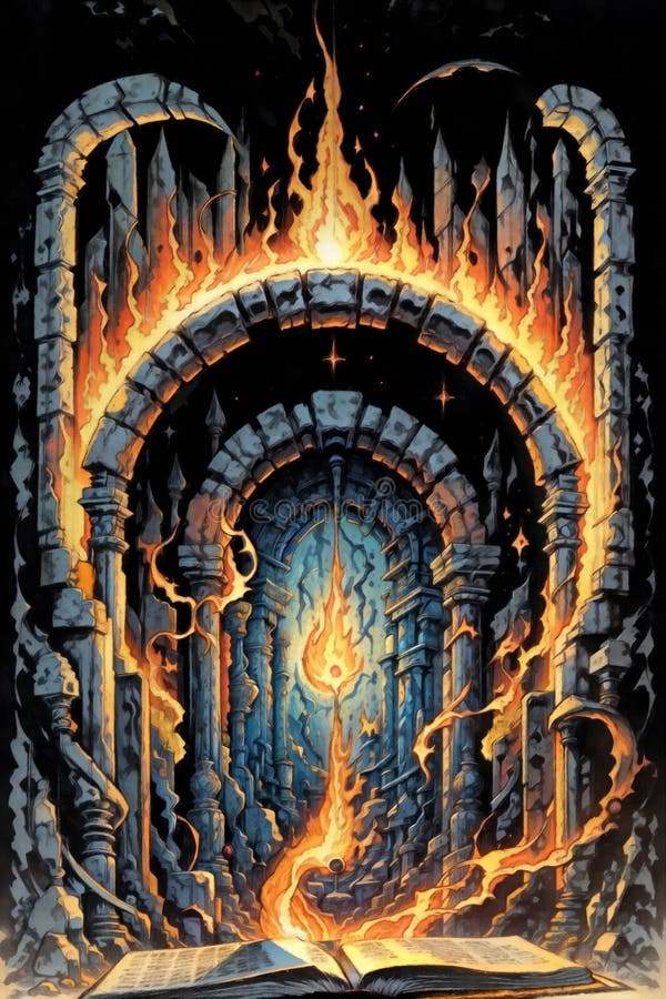 Fire in ancient ruins stock illustration. Illustration of entrance ...