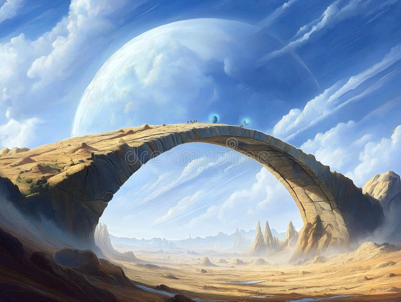 Fantasy Bridge, Desert Landscape, Arched Structure, Celestial Body ...
