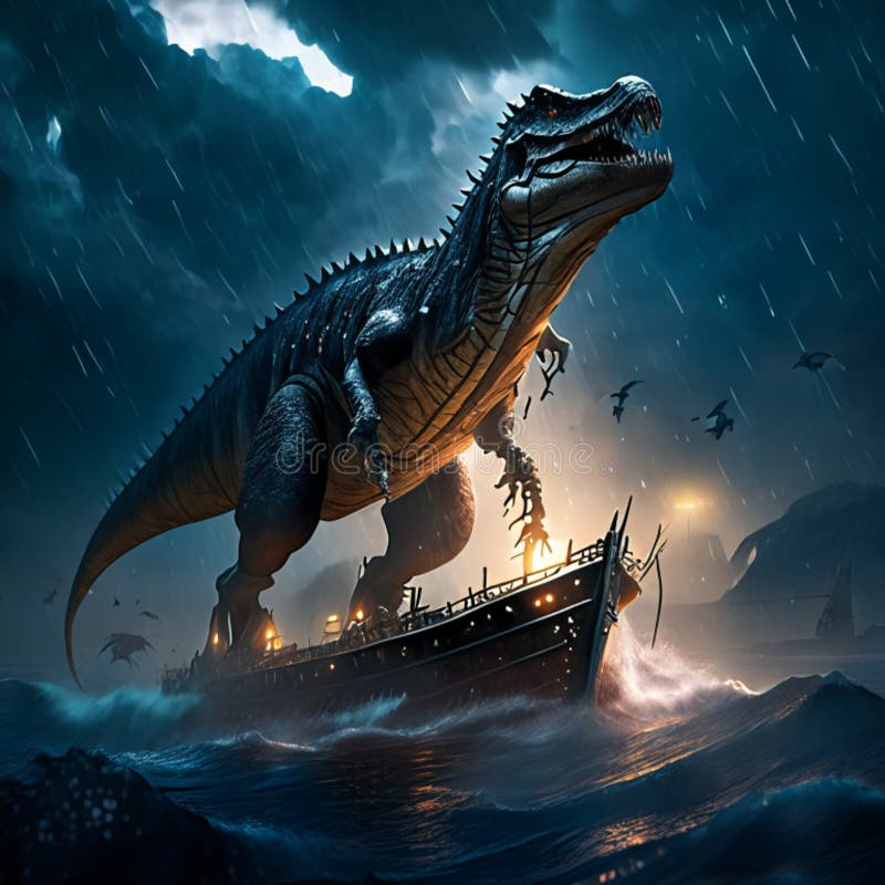 Fantasy Scene with a Dinosaur and a Ship. 3d Rendering AI Generated Stock Photo - Image of ...