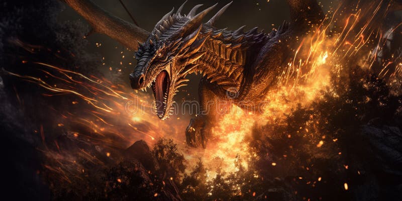 The Dragon is Rising from the Flame with AI Generated. Stock ...