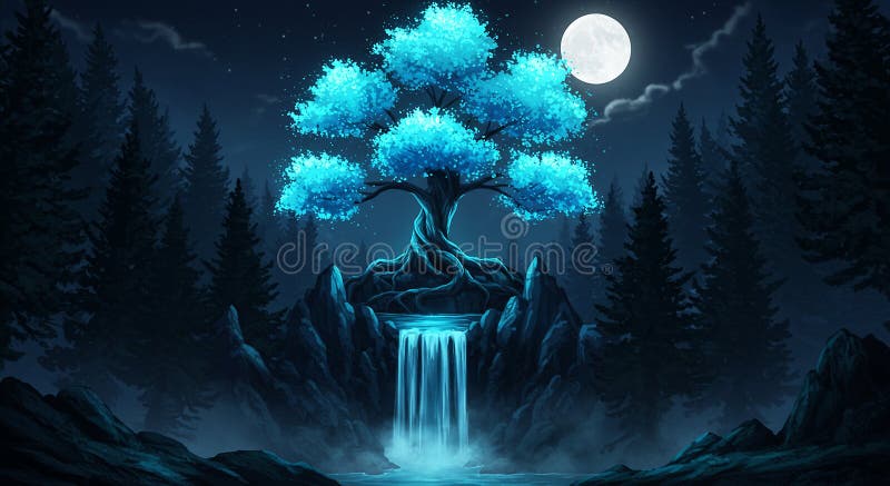 Fantasy Scene Featuring a Luminous Blue Tree Atop a Rocky Formation ...