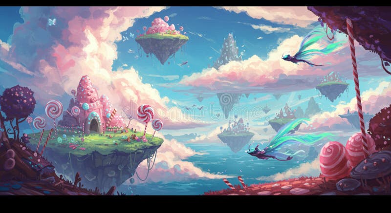 Fantasy Scene with Floating Islands, Each Covered in Vibrant Greenery ...