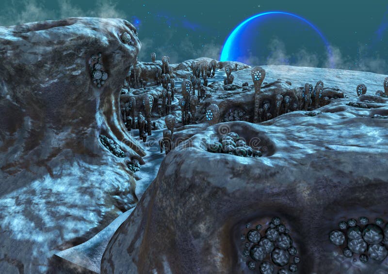 A Frozen Alien Land, with Blue Moons Behind. Stock Illustration ...
