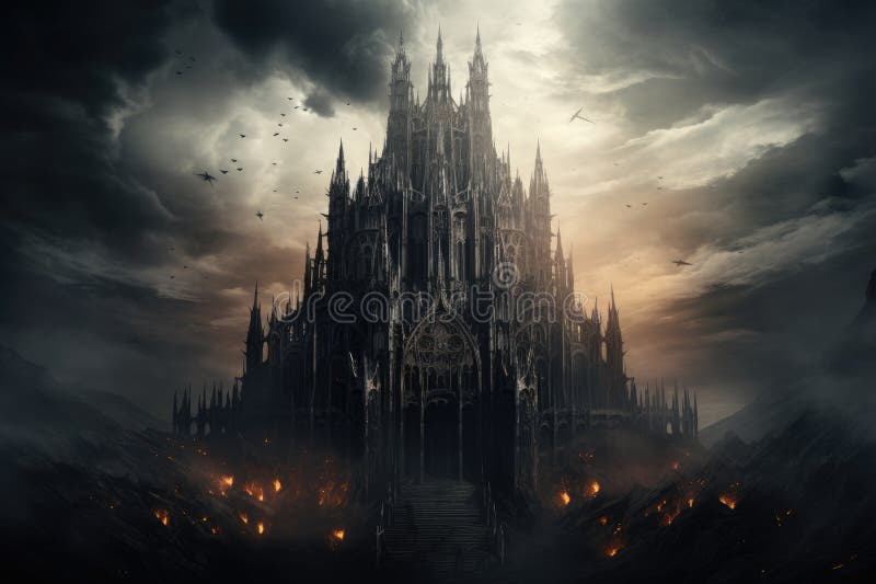 Fantasy Scene with Gothic Cathedral and Fire. 3D Rendering, an ...