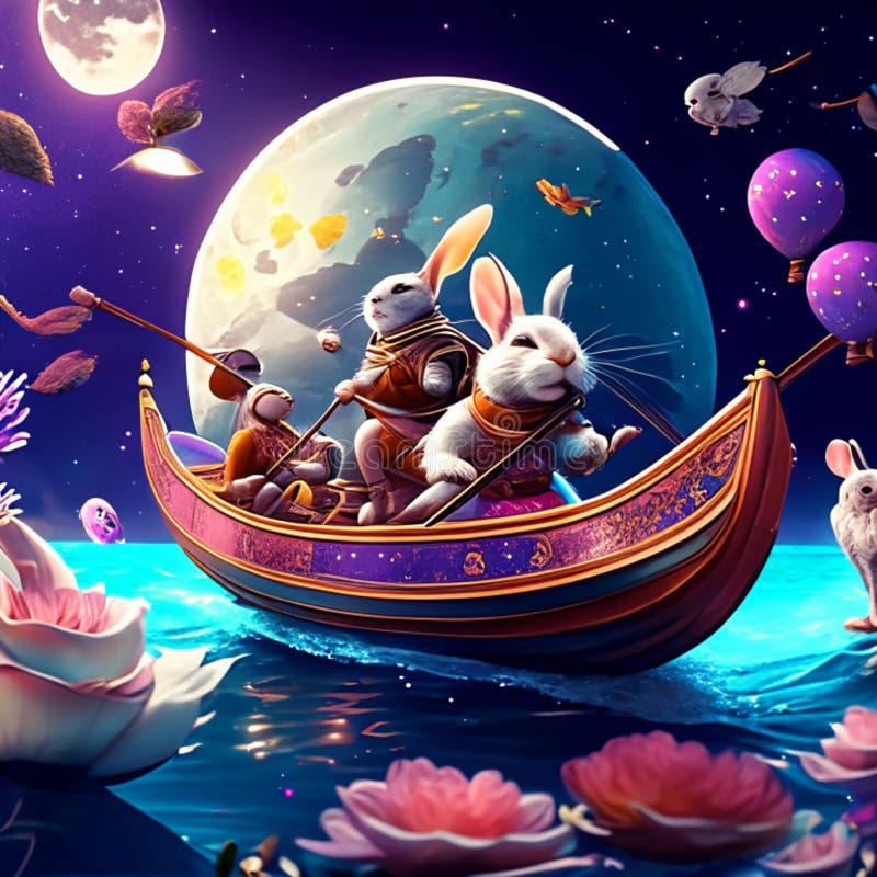 Cartoon Image of a Rabbit on a Boat in the Moonlight AI Generated Stock ...