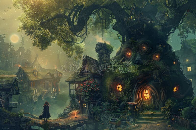 A Fantasy Scene with a Large Tree House and a Village Stock ...